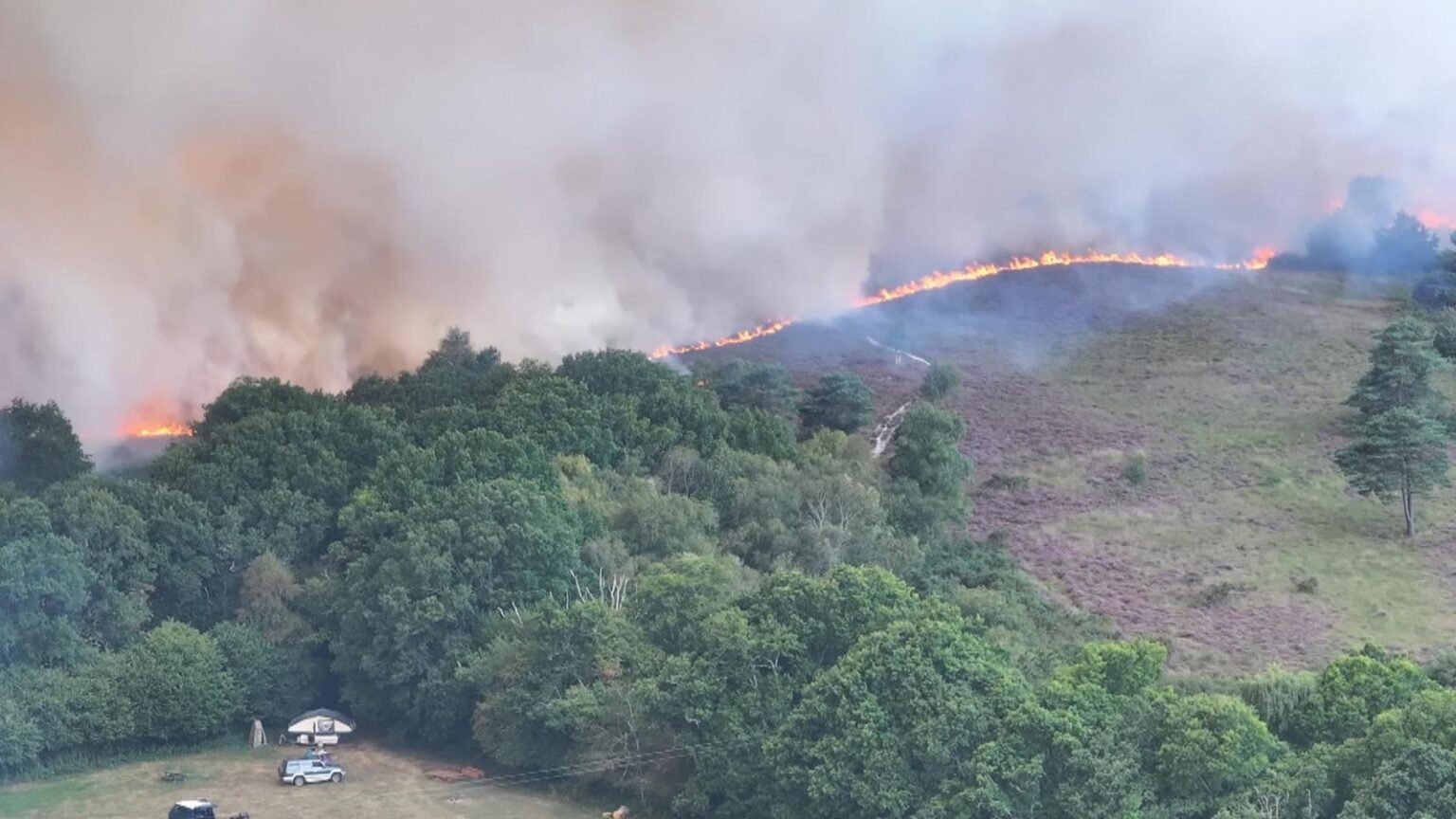 Crews are battling a fire near Wimborne in Holt Heath, with authorities ...